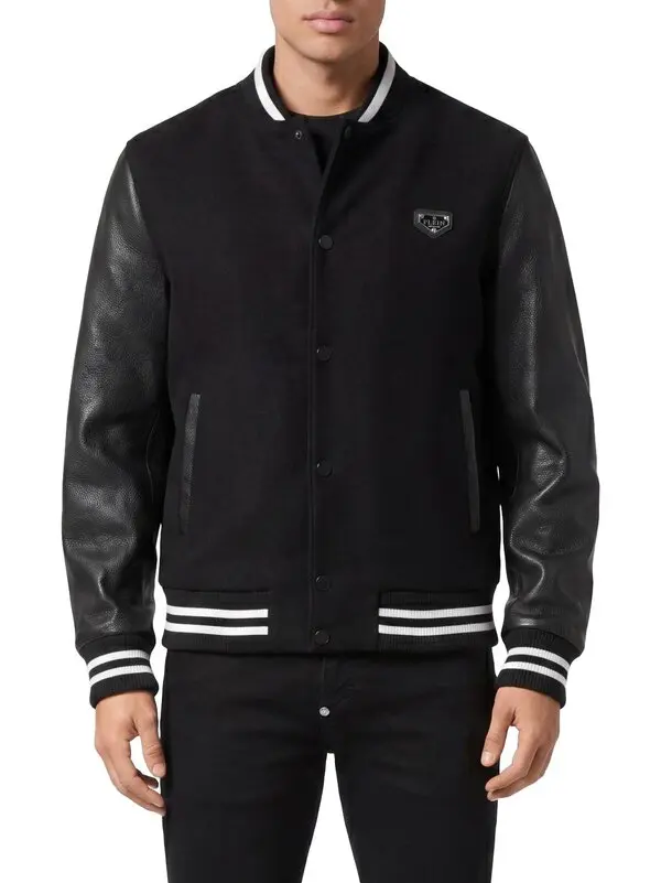 Philipp Plein Wool And Leather Varsity Bomber Jacket With Skull Embroidery And Rhinestones - Black