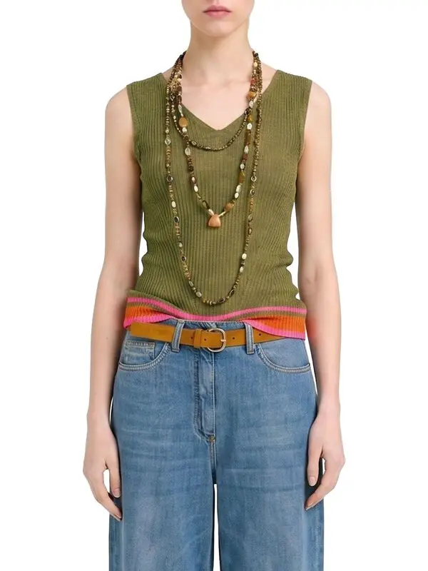 Momoni Linen Knit Sleeveless V-neck Top - Sage