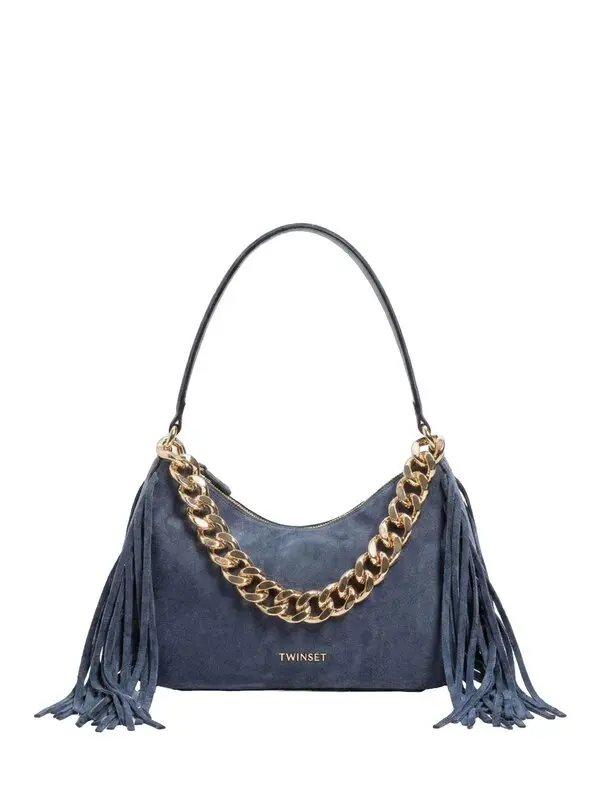 TWINSET Liliane Suede Fringed Shoulder Bag - Navy