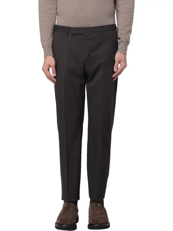 PT TORINO Slim Fit Trousers In Virgin Wool With An Off-center Closure - Brown
