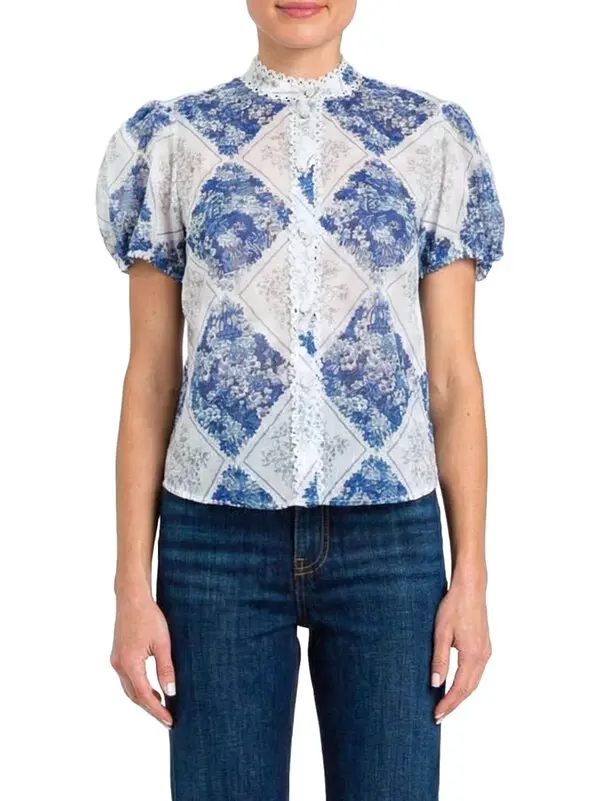 TWINSET Ramie Floral Print Puff Sleeve Shirt - Blue