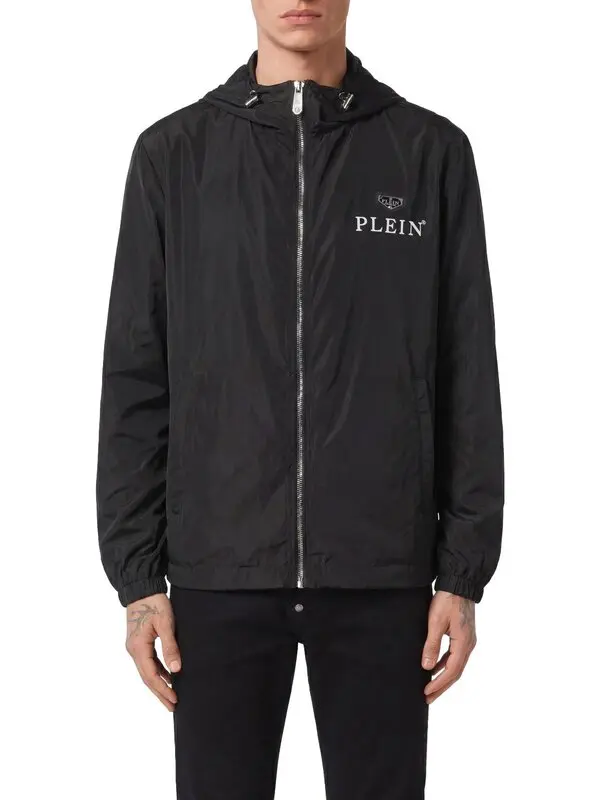 Philipp Plein Technical Fabric Hooded Windbreaker Jacket With Logo Print - Black