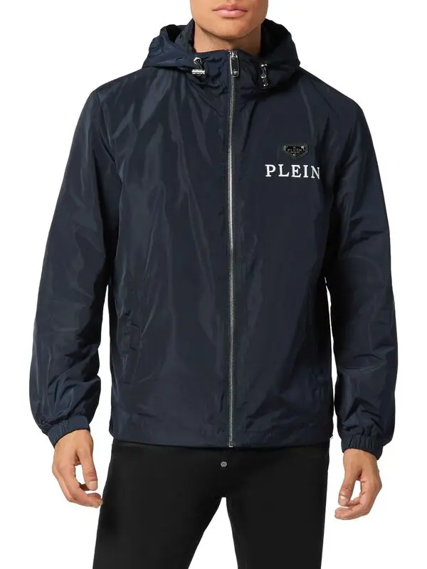 Philipp Plein Technical Fabric Hooded Windbreaker Jacket With Logo Print - Blue