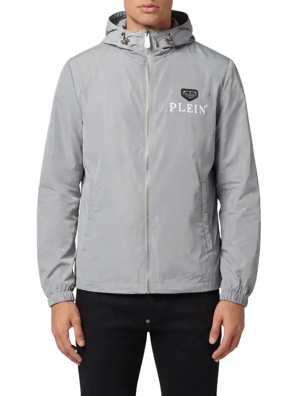 Philipp Plein Hooded Windbreaker Jacket With Logo Print - Grey