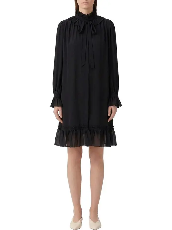 Chloé Long Sleeve Silk Dress With Ruffled Collar And Hem - Black