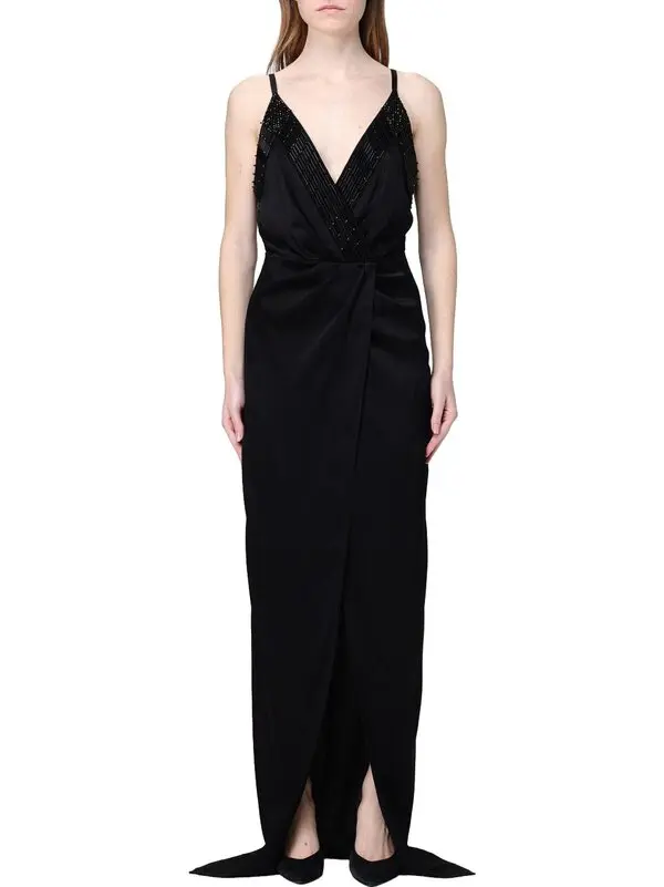 Elisabetta Franchi Long Satin Dress With V-neck And Sequins - Black
