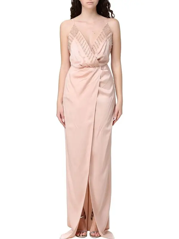 Elisabetta Franchi Long Satin Dress With V-neck And Sequins - Natural