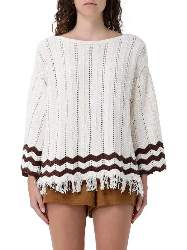 TWINSET Cropped Crochet Sweater With Fringe Detail - White