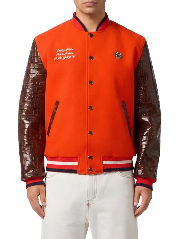 Philipp Plein Two-tone Crocodile-effect Calfskin Leather Varsity Bomber Jacket - Orange