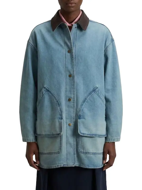 Woolrich Denim Jacket With Leather Collar - Blue