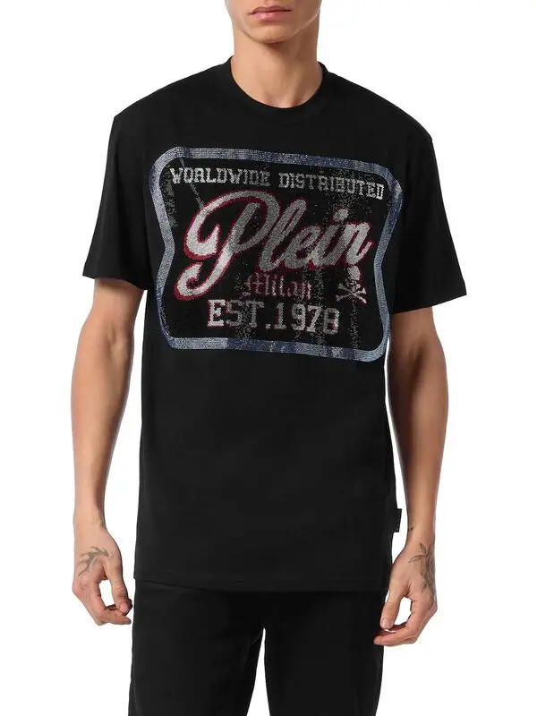 Philipp Plein Short-sleeved Cotton T-shirt With Contrasting Logo Print - Black