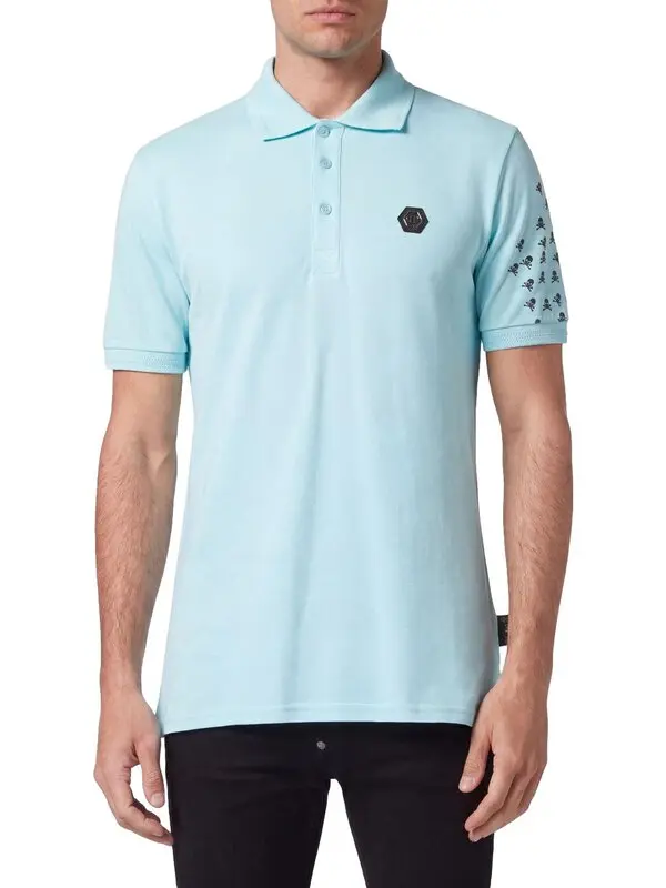 Philipp Plein Cotton Polo Shirt With Skull Monogram Print And Hexagon Logo - Turquoise