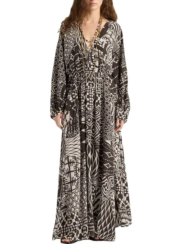 Momoni Printed Silk Kaftan Dress - Cream