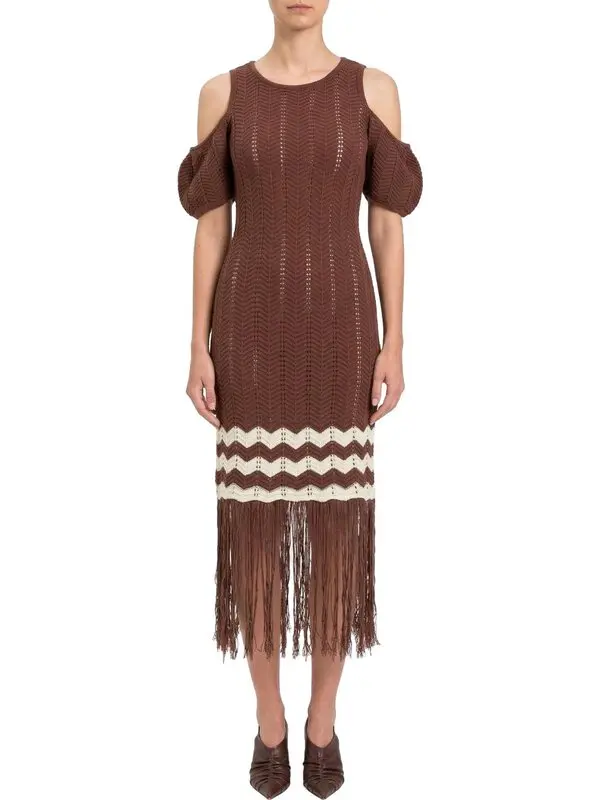 TWINSET Cotton Knit Dress With Fringes - Brown
