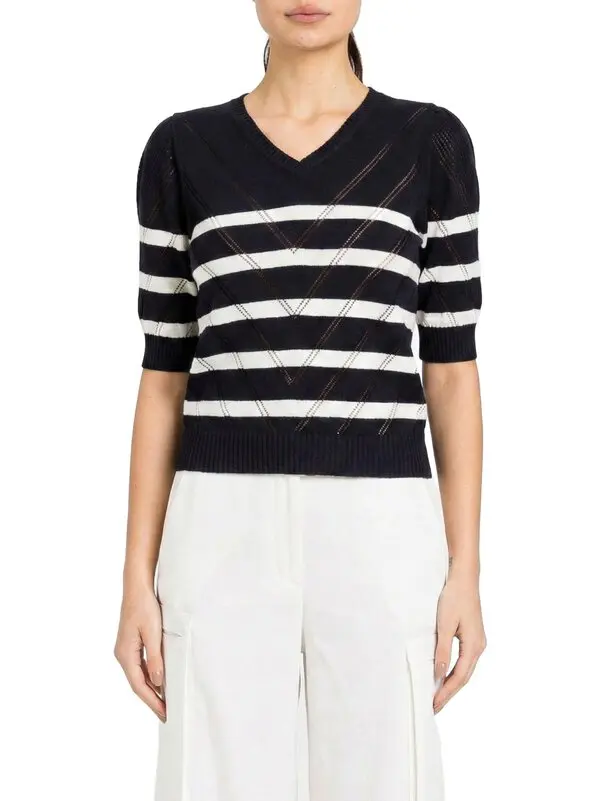 TWINSET Striped Knit V-neck Top - Blue