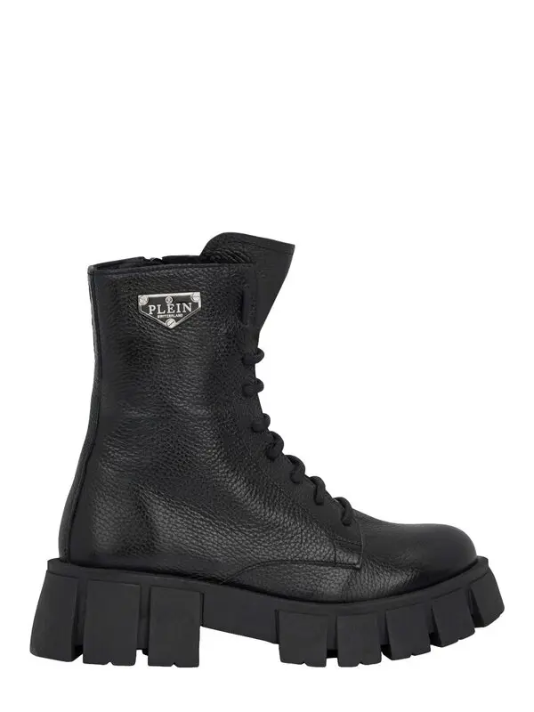 Philipp Plein Grained Leather Lace-up Combat Boots With Lug Sole - Black