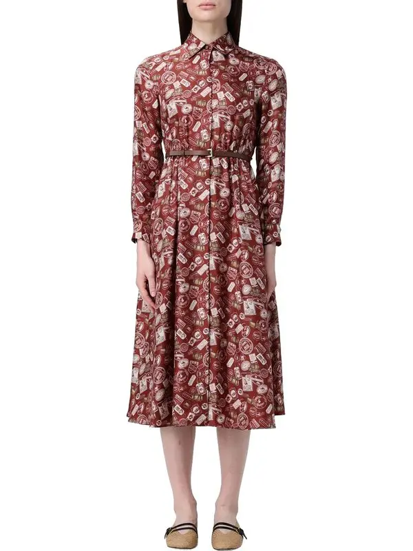 Max Mara Printed Silk Midi Dress With Belt - Red