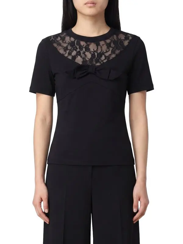 Nina Ricci Cotton And Lace Top With Bow Detail - Black