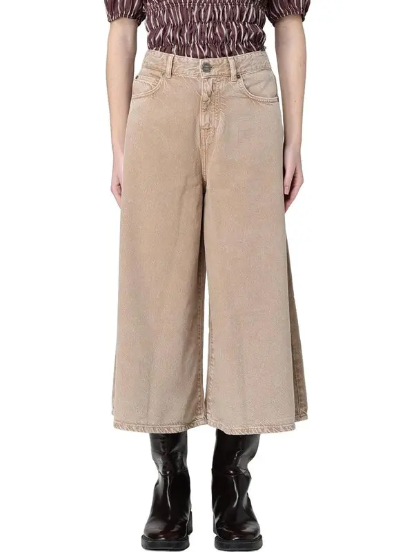 Pinko Cropped Wide Leg Jeans In Vintage Cotton Denim - Beige