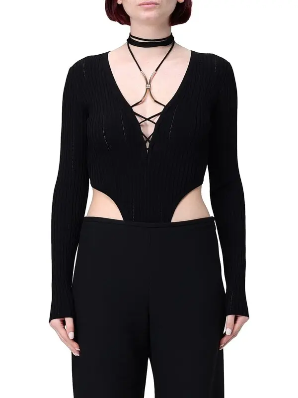 Elisabetta Franchi Long-sleeve V-neck Bodysuit Top - Black