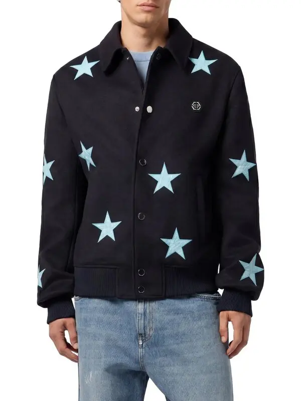 Philipp Plein Animalier And Star Print Wool Bomber Jacket - Blue