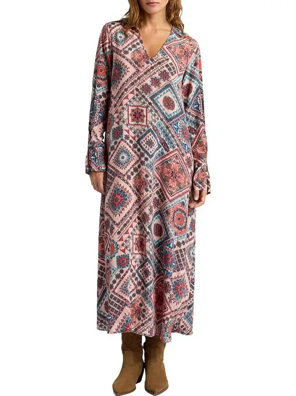 Momoni Pure Silk Abstract Ethnic Pattern Midi Dress - Multicolor