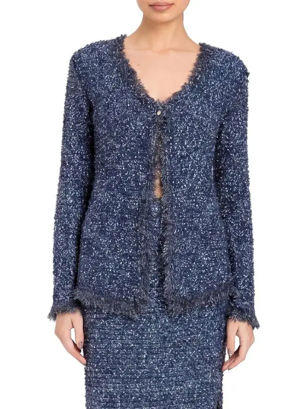 TWINSET Cotton Bouclé Jacket With Frayed Hem - Blue