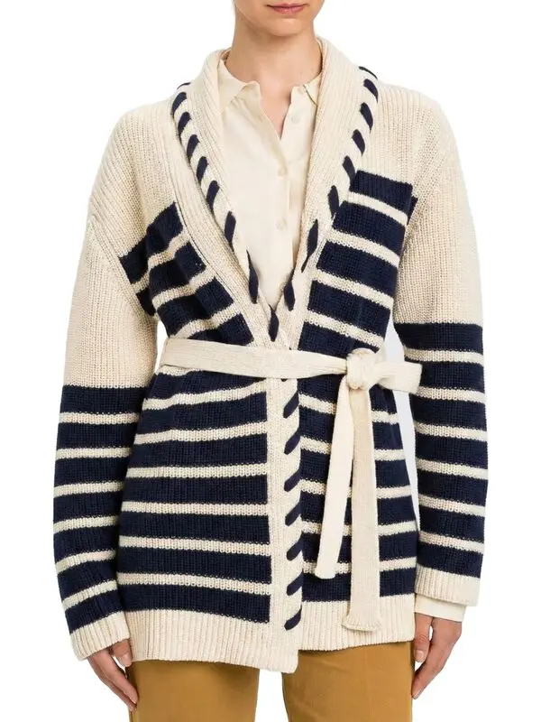 TWINSET Cotton Knit Shawl Collar Cardigan With Sash Belt - Striped