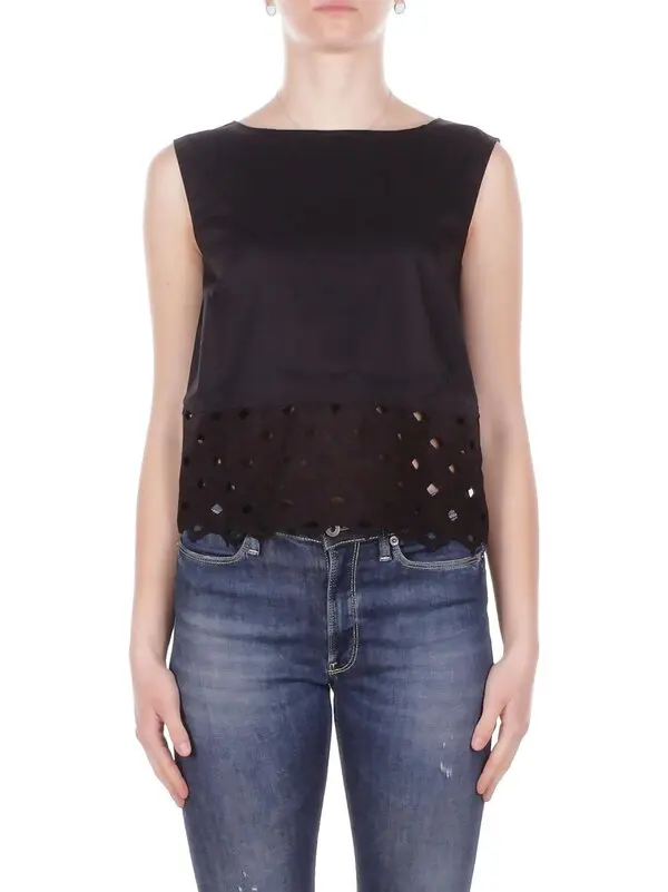 Max Mara Sleeveless Cotton Blend Top With Perforated Detail - Black