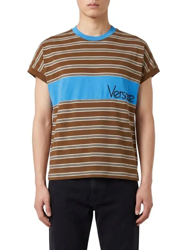 Versace Striped Cotton T-shirt With Crew Neck And Contrast Trims - Hazel
