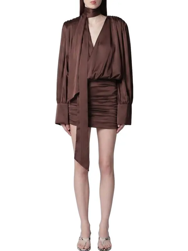 ROTATE BY BIRGER CHRISTENSEN Recycled Satin Shirtdress With Scarf Neck And Long Sleeves - Brown