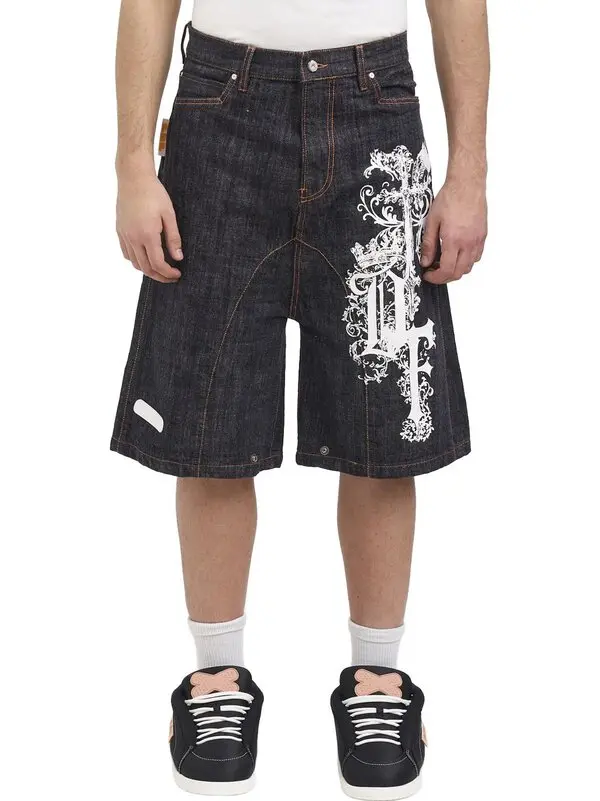 PDF Cotton Denim Graphic Print Shorts - Blue