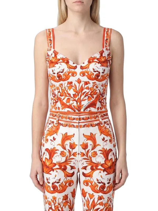 Dolce & Gabbana Majolica Print Silk Cropped Corset Top - Orange