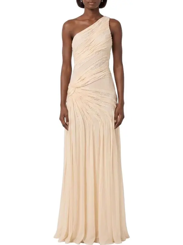 Elisabetta Franchi Ruched Viscose Gown With Rhinestone Embellishments - Pink