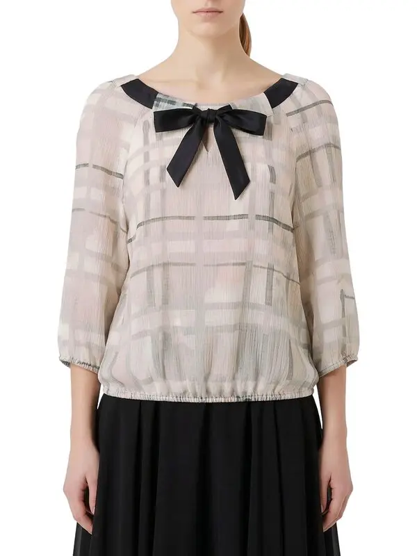 Emporio Armani Embroidered Check Cotton And Silk Blend Blouse - Multicolor