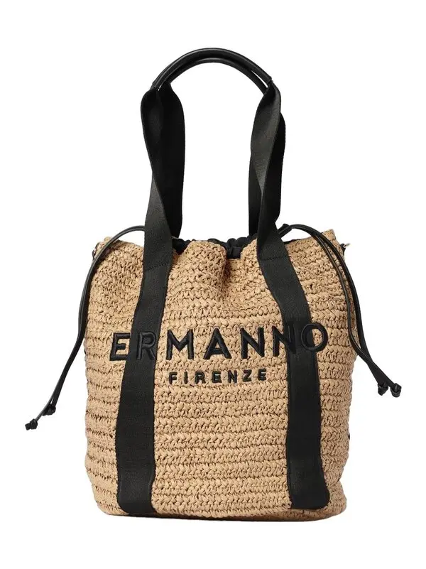ERMANNO FIRENZE Ashley Raffia Bucket Bag With Embroidered Logo - Black