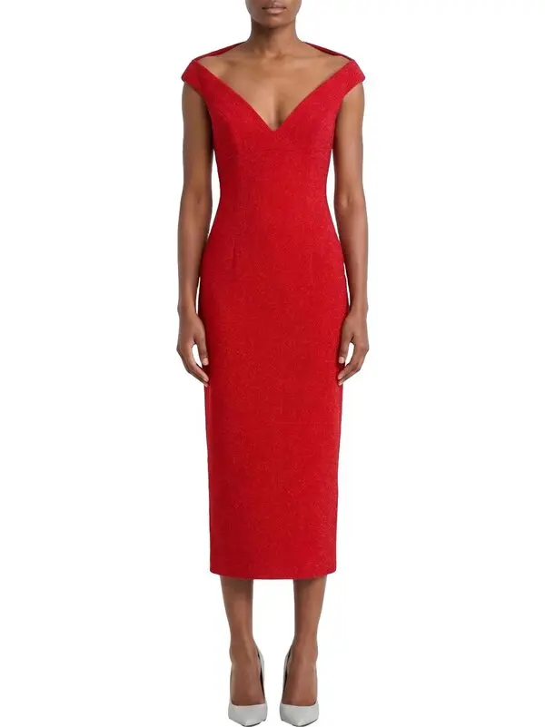 Solace London Midi Dress With Off-the-shoulder Neckline - Red