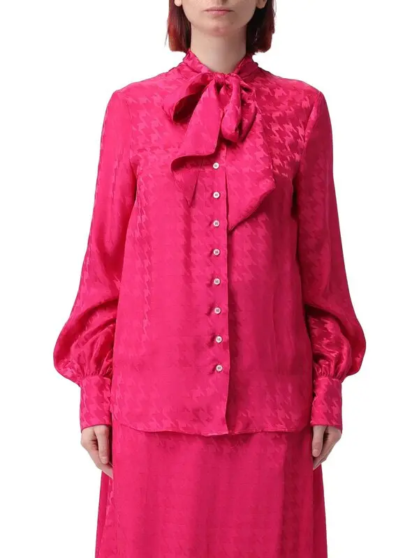 MSGM Houndstooth Print Silk Blouse With Pussy Bow - Fuchsia