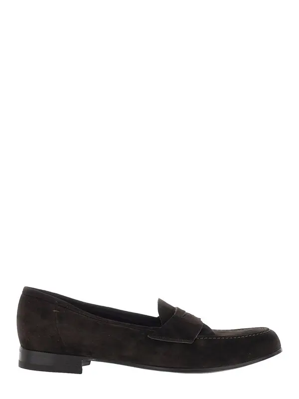 LIDFORT Classic Suede Calfskin Loafers With Saddle Strap - Brown