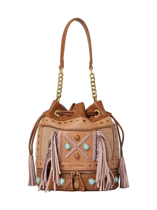 LA CARRIE Jungle Faux Leather Bucket Bag With Fringes And Stones - Red