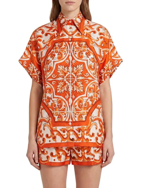 Dolce & Gabbana Majolica Print Silk Bowling Shirt - Orange