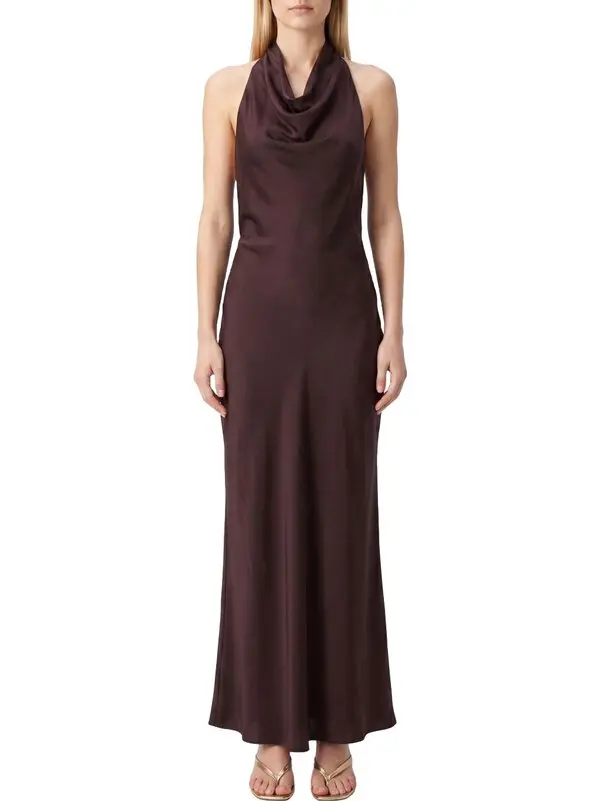 Simkhai Reannon Long Satin Halterneck Dress - Brown