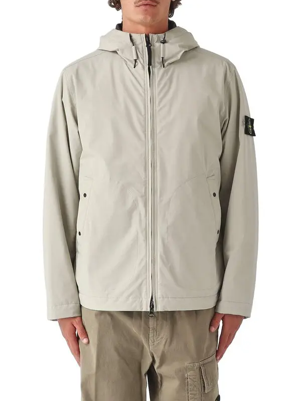 Stone Island Short Hooded Tech Fabric Windbreaker With Logo Patch - Sand