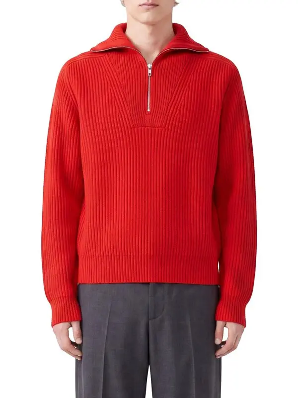 JIL SANDER High Neck Half-zip Pure Wool Sweater - Red