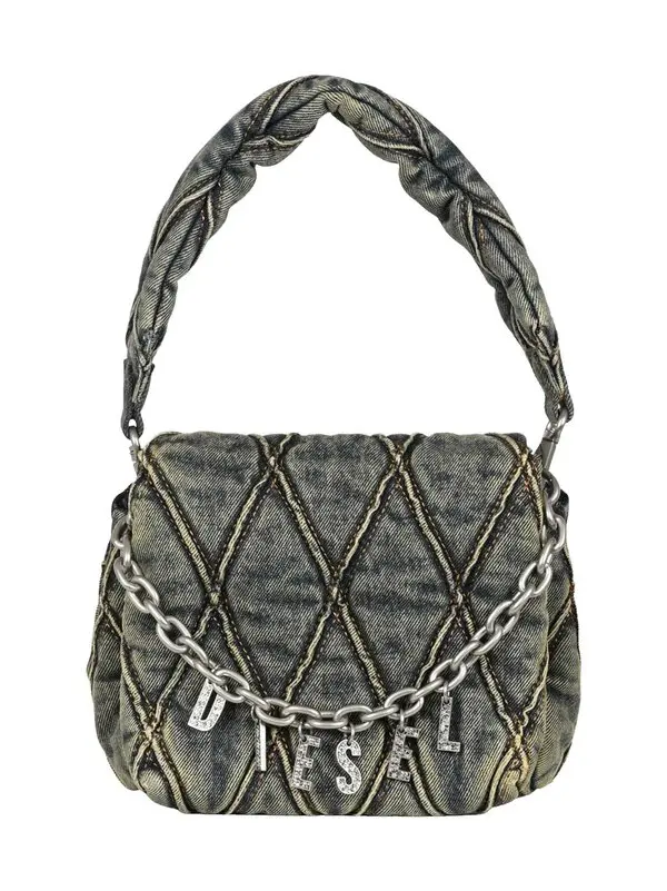DIESEL® Charm-d Shoulder Bag In Cotton With Rhinestone Logo - Blue