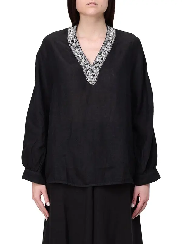 120% Lino Linen Blouse With Embellished V-neckline - Black