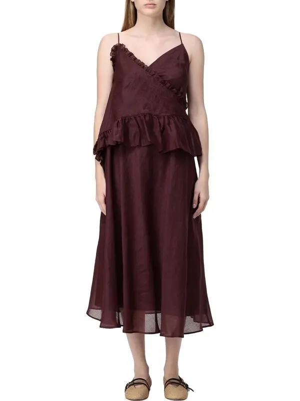 MEIMEIJ Ramie Midi Dress With Ruffles And Embroidery - Wine