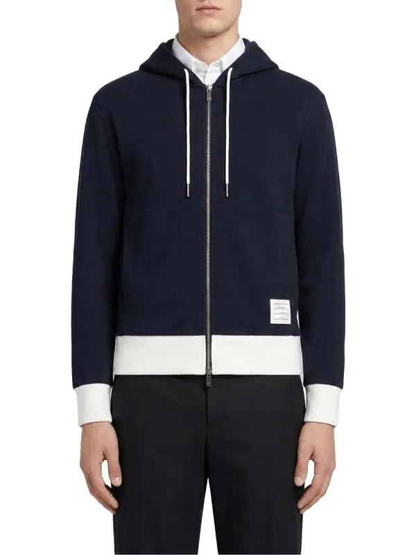 Thom Browne Zip-up Hooded Sweatshirt With Contrast Hem - Blue