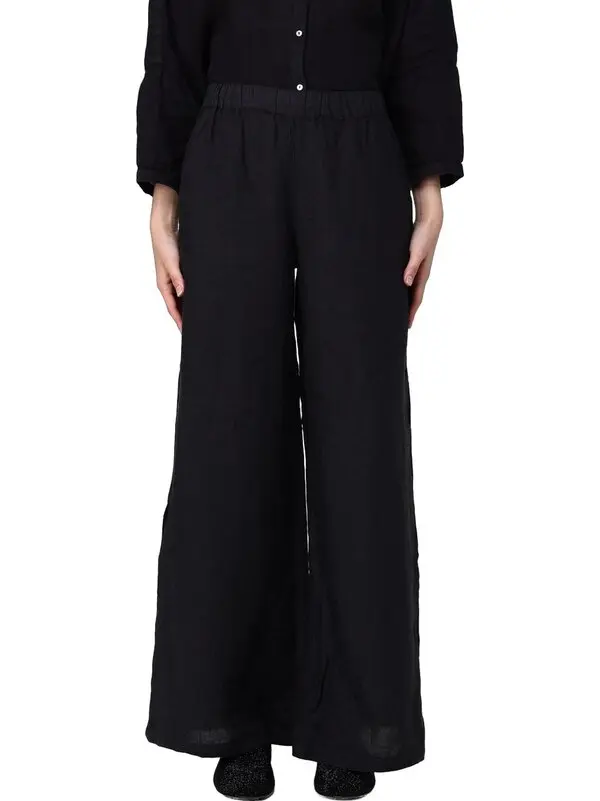 120% Lino Wide Leg Linen Trousers - Black