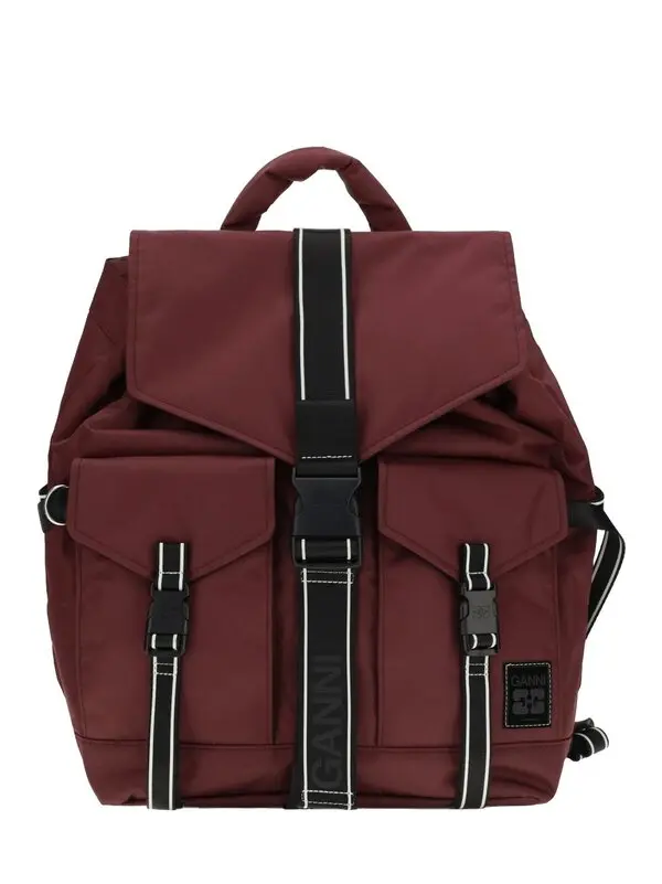 GANNI Recycled Polyamide Backpack With Flap And Adjustable Buckles - Wine